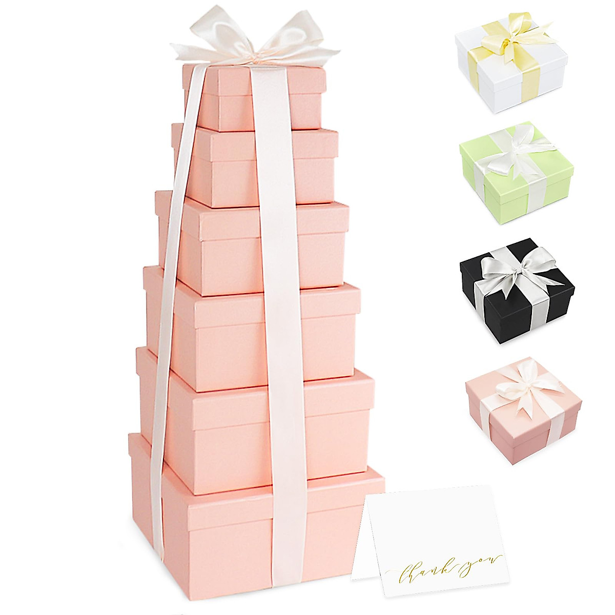 GLGHMH 6 Pack Square Nesting Gift Boxes With Lids,Bridesmaid Proposal Box with Ribbon Thank You Card，For International Woman's Day Wedding Anniversaries Birthdays Baby Shower Thanksgiving (PINK)