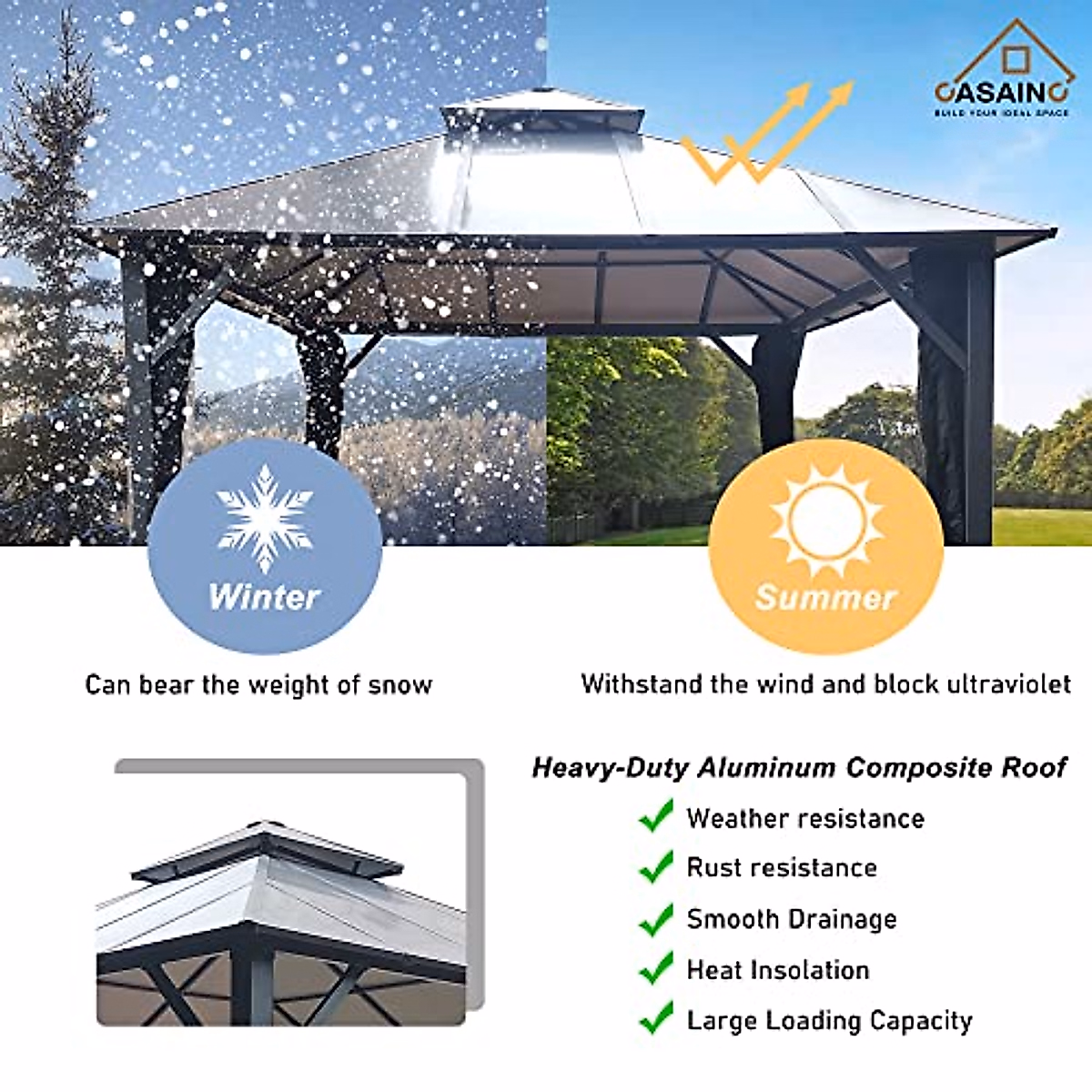 CASAINC Hardtop Gazebo 10x10 FT, Hardtop Gazebos with Double Roof, Aluminum Frame Permanent Outdoor Canopy, Patio Gazebo with Mosquito Netting for Patio Lawn Garden