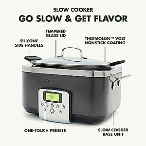 GreenPan Elite 8-in-1 Programmable 6 Quart Electric Slow Cooker, GlassLid & Removable Crock, PFAS-Free Healthy Ceramic Nonstick Multi-Cooker,Sear, Sauté/Brown,Roast, Graphite + Slow Cooker Cookbook
