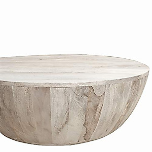 The Urban Port 12-Inch Height Round Mango Wood Coffee Table, Subtle Grains, Distressed White