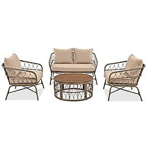 LUMISOL 4 Piece Outdoor Furniture Set with Wood Table, Patio Furniture Set with Removable Cushions, Outdoor Conversation Set for 4 Person, for Backyard Pool, Beige