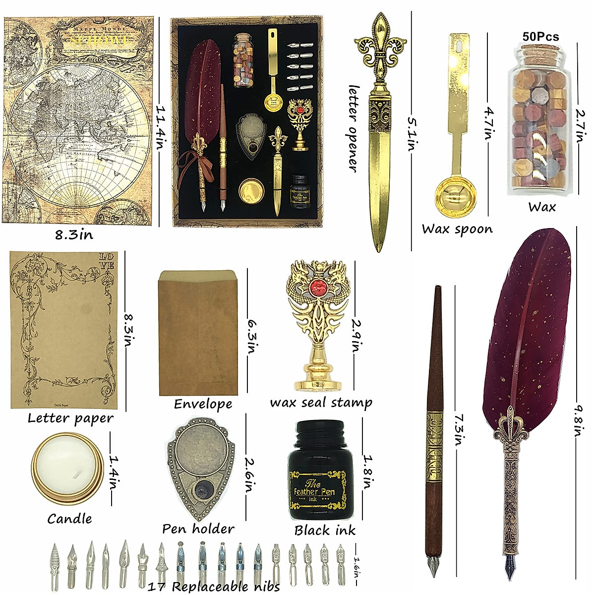 SCHOWE Feather Quill Writing Pen Wooden Dip Calligraphy Pen and Ink Set (Crown Red)