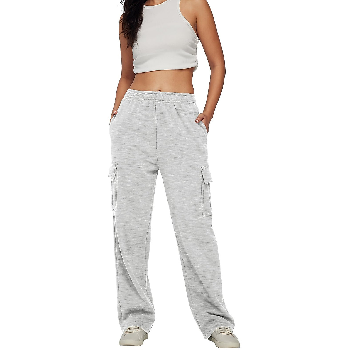 AUTOMET Womens Cargo Sweatpants Baggy Fleece High Waisted Joggers Sweat Pants Athletic Drawstring Casual Wide Leg Loose Fit Fall Pants with Pockets 2025 Grey XL