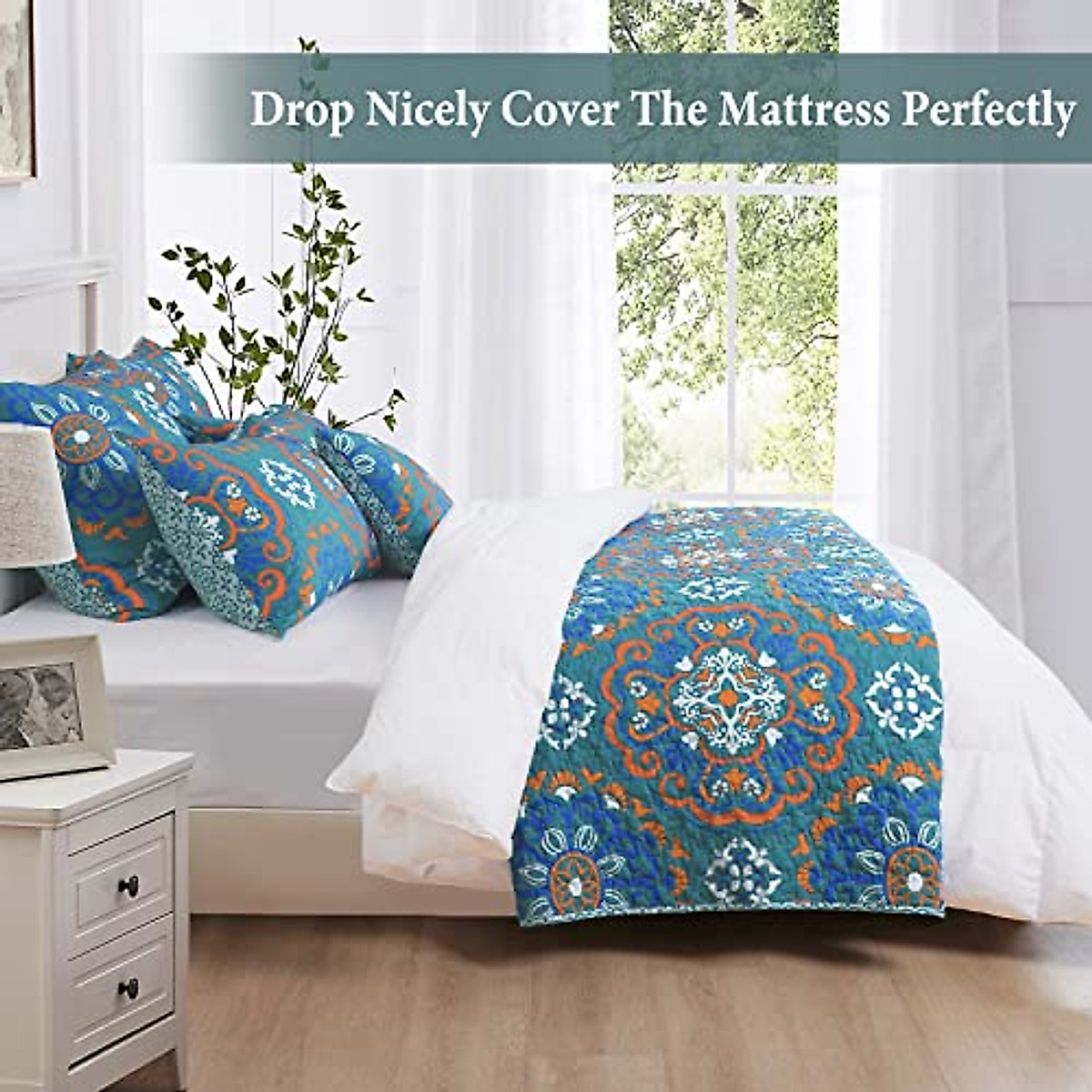 PHF 100% Cotton Fabric Boho Paisley Quilt Set Queen/Full Size, 3PCS Lightweight Cozy Bedspread for All Season, Extra Soft Reversible Bed Spread, Coverlet 90" x 90" and 2 Pillow Shams, Teal Blue