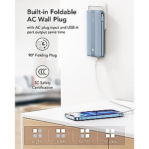 VRURC Portable Charger, 22.5W Fast Charging Power Bank with Built-in Cables & AC Wall Plug, 10000mAh Battery Pack(QC4.0 PD3.0), USB C with 4 Output 2 Input, Compatible with iPhone Samsung etc - Blue