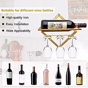 2Pcs Metal Wall Mounted Wine Holder Stemware Glass Rack, Upgrade Collapsible Hanging Red Wine Racks Organizer with 3 Stem Glass Holders, Wine Bottle Display Hanger for Home Kitchen Bar Decor…