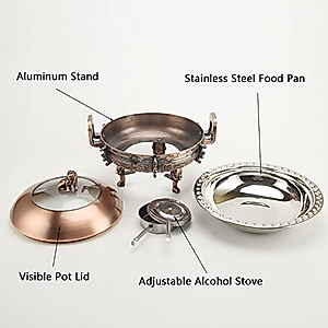 3L Chafing Dish, Stainless Steel Round Chafer Warmers Complete Set W/Food Pans, Aluminum Stand, Visible Pot Lid And Fuel Holders for Weddings, Buffet, Parties,Red copper