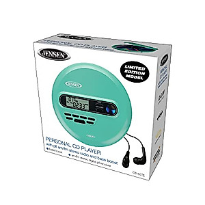 Jensen CD-65 Teal Portable Personal CD Player CD/MP3 Player + Digital AM/FM Radio + with LCD Display Bass Boost 60-Second Anti Skip CD R/RW/Compatible Sport Earbuds Included (Limited Edition Color)