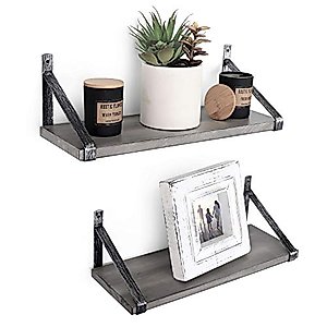 Under.Stated Wall Mounted Wood Shelves – Floating Solid Wood Shelf with Rustic Silver Painted Brackets, Set of 2 (Rustic Gray)