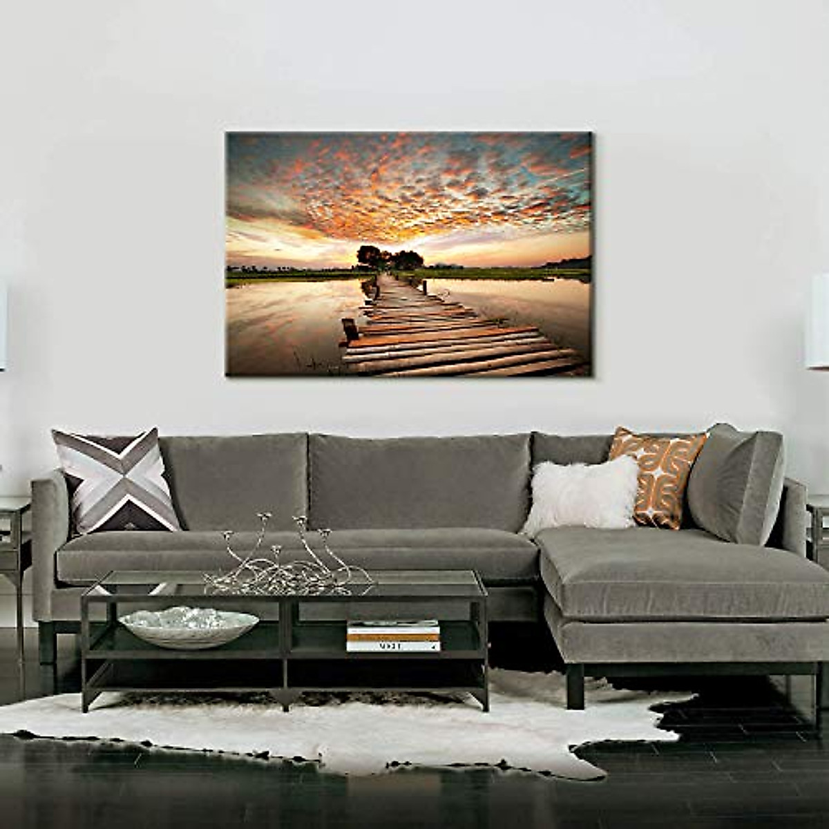 Hardy Gallery Lake Bridge Canvas Picture Artwork: Wooden Bridge Painting Sunset Landscape Wall Art Print for Living Room (45” x 30” x 1 Panel)