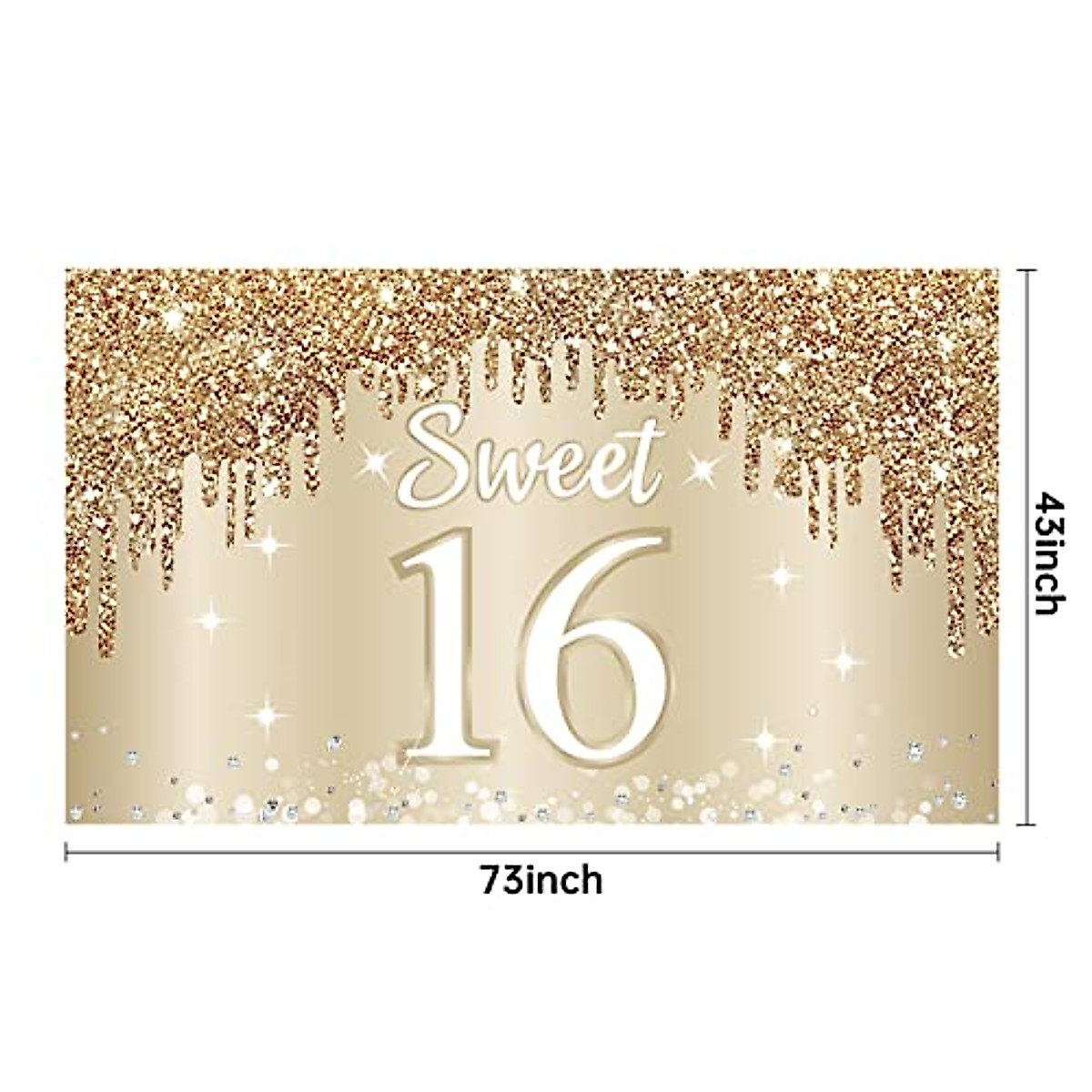 Happy Sweet 16th Birthday Banner Backdrop Decorations for Girls, Gold White Sweet 16 Birthday Sign Party Supplies, Sixteen Year Old Birthday Photo Booth Background Poster Decor(72.8 x 43.3 Inch)