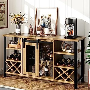 Senfot Wine Bar Cabinet, Farmhouse Wood Coffee Bar Cabinet with Wine Rack for Liquor and Glasses, Industrial Sideboard Buffet Cabinet for Kitchen (55 Inch, NAT-Brown)