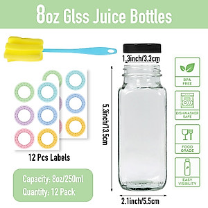 NEWMIAO 12 pack 8 oz Glass Juice Bottles with Lids, Reusable Glass Drink Bottles, 250 ml Juice Containers Drinking Jars with Brush, Water Bottles for Milk, Juicing, Kombucha, Ginger