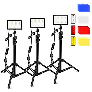 3 Packs 70 LED Video Light with Adjustable Tripod Stand / Color Filters, Obeamiu 5600K USB Studio Lighting Kit for Tablet / Low Angle Shooting, Collection Portrait YouTube Photography, Remote Control
