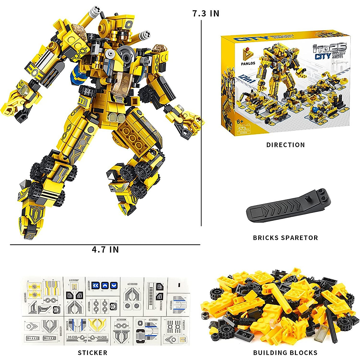 PANLOS Robot Building Toys, 12-in-1 Transforming Engineering Building Blocks Construction Vehicles Kit, STEM Learning Building Bricks Set, Birthday Gifts for Kids Boys Girls Age 6-12 (573 Pieces)
