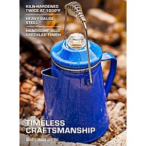 COLETTI Classic Camping Coffee Pot & Enamel Mug Set — Percolator Coffee Pot, Enamel Coffee Mug – Complete Nostalgic Bundle – German Imported Enamel Powder [12 oz, Set of 4] (Blue)