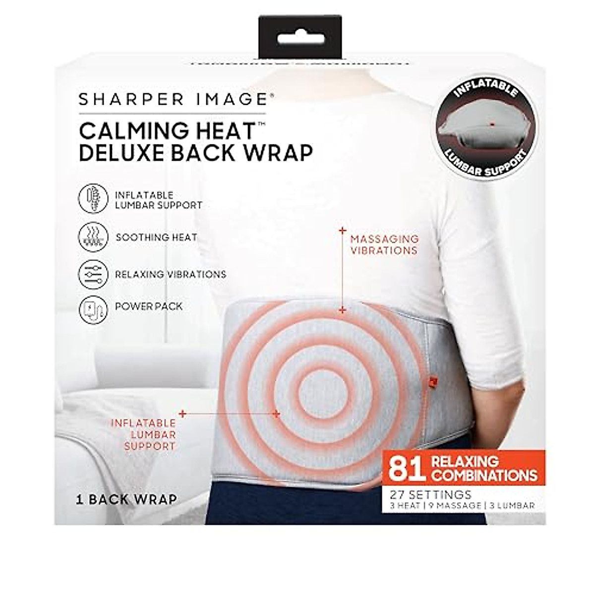 Calming Heat Back Wrap Deluxe by Sharper Image- Electric Back Heating Pad with Customizable Inflatable Lumbar Support, Soothing Heat, & Massaging Vibrations- 27 Settings 3 Heat, 9 Vibration, 3 Lumbar