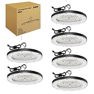 Royana UFO LED High Bay Light, Plug & Paly Lighting for Warehouse,5000K Daylight, 300W, AC110V-130V, 30000LM, IP65 Waterproof and Ideal Heat Dissipation, LED Shop Light for Factory Barn 6 Pack