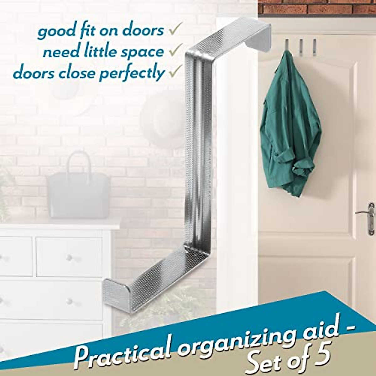4smile Over The Door Hooks, 5 + 5 Pack - Stainless Steel Door Hanger with Foam + Adhesive Pads - Z-Shaped Metal Door Hooks for Hanging on Different Door Widths, Rust Free