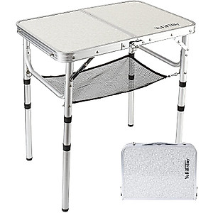 Small Folding Table 2 Foot, Portable Camping Table with Mesh Holders,Lightweight Aluminum Adjustable Height, with Carry Handle for Camping Picnic Indoor Outdoor, White 24 x 16 inch (3 Heights）
