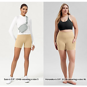 ODODOS 5" Tummy Control Biker Shorts for Women with Pockets High Waist Athletic Workout Yoga Shorts, Beige, X-Large