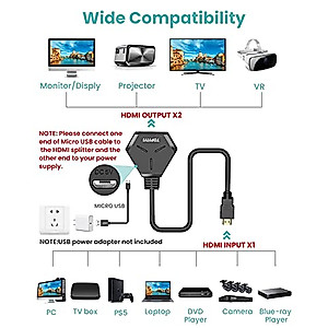 HDMI Splitter 1 in 2 Out, TOPYIYI 4K HDMI Splitter for Dual Monitors with Pigtail HDMI Cable, HDCP1.4 Bypass, Supports 4K@30Hz 3D 1080P for Xbox PS4 PS3 Blu-Ray Player Fire Stick Cable Box