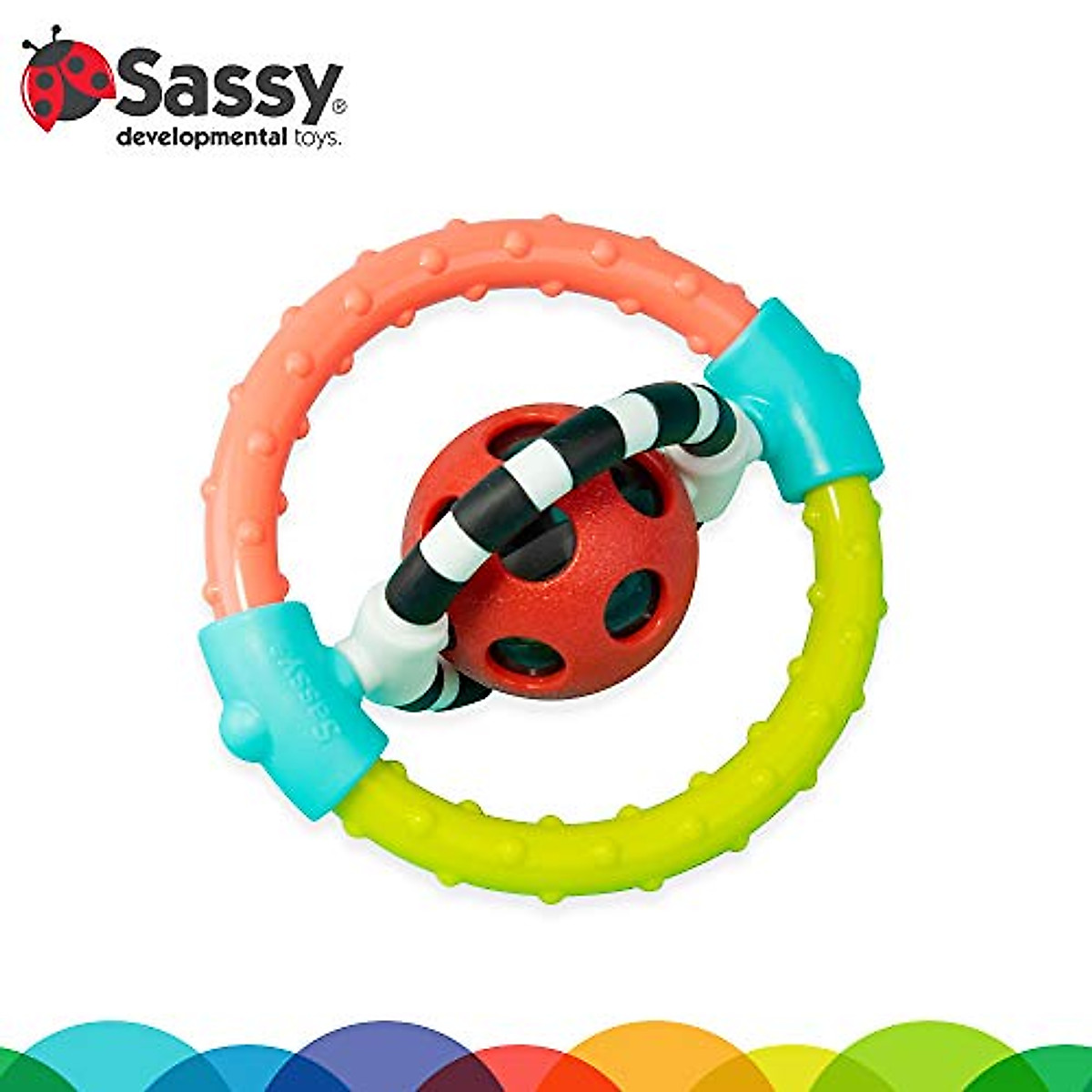 Sassy Spin and Chew Flex Ring Rattle with Dual Action Spinners, for Ages 0+ Months