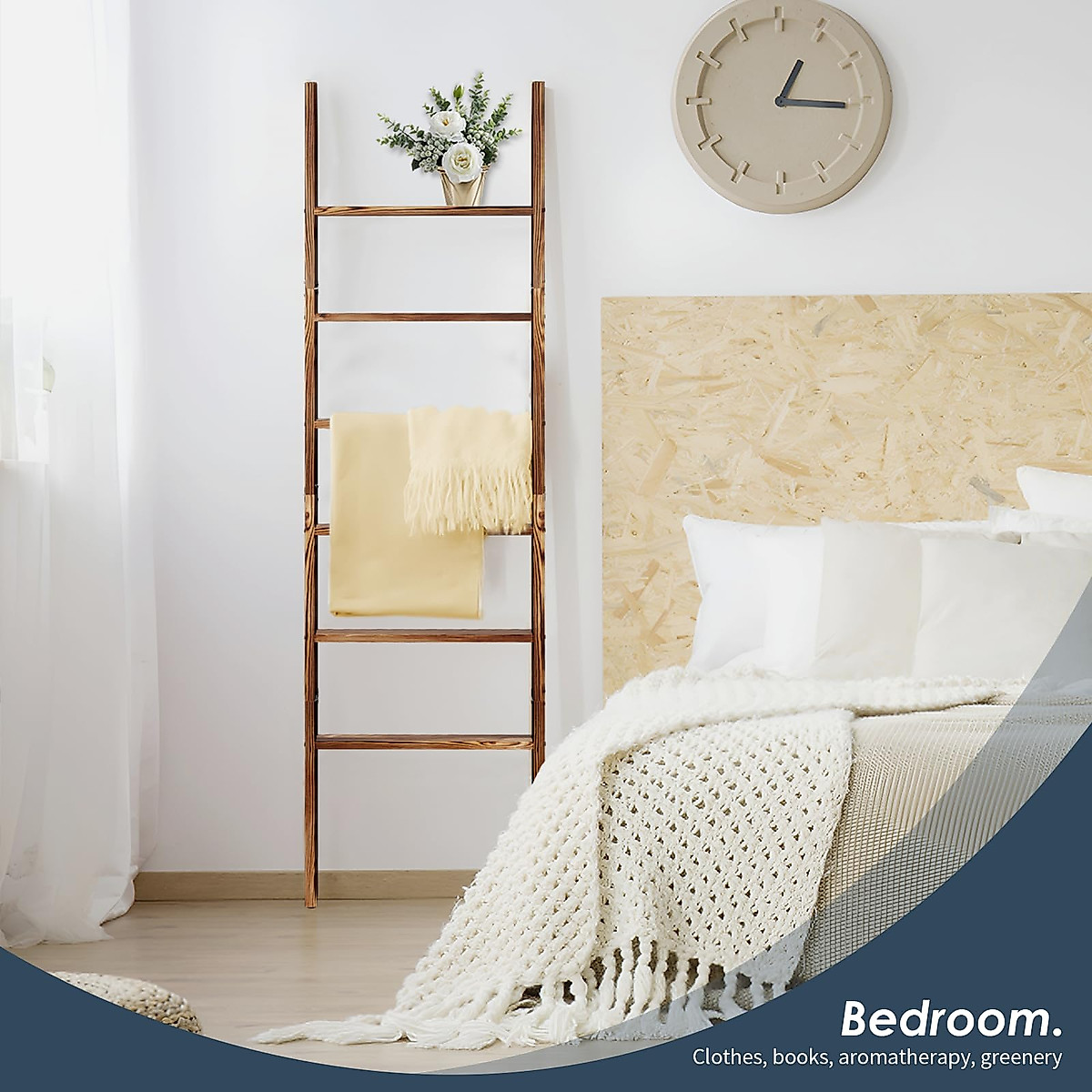 6-Tier Blanket Ladder Wooden, 5.7FT(66.5'') Blanket Quilt Towel Holder Rack Decorative Ladder, Easy Assembly, Rustic Farmhouse Ladder Shelf for The Living Room Bedroom Bathroom Home Decor, Brown