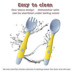 Toddler Utensils with travel case, Baby spoon and fork set for self-feeding Learning Bendable handle silverware for kid children (2 set, yellow&green)