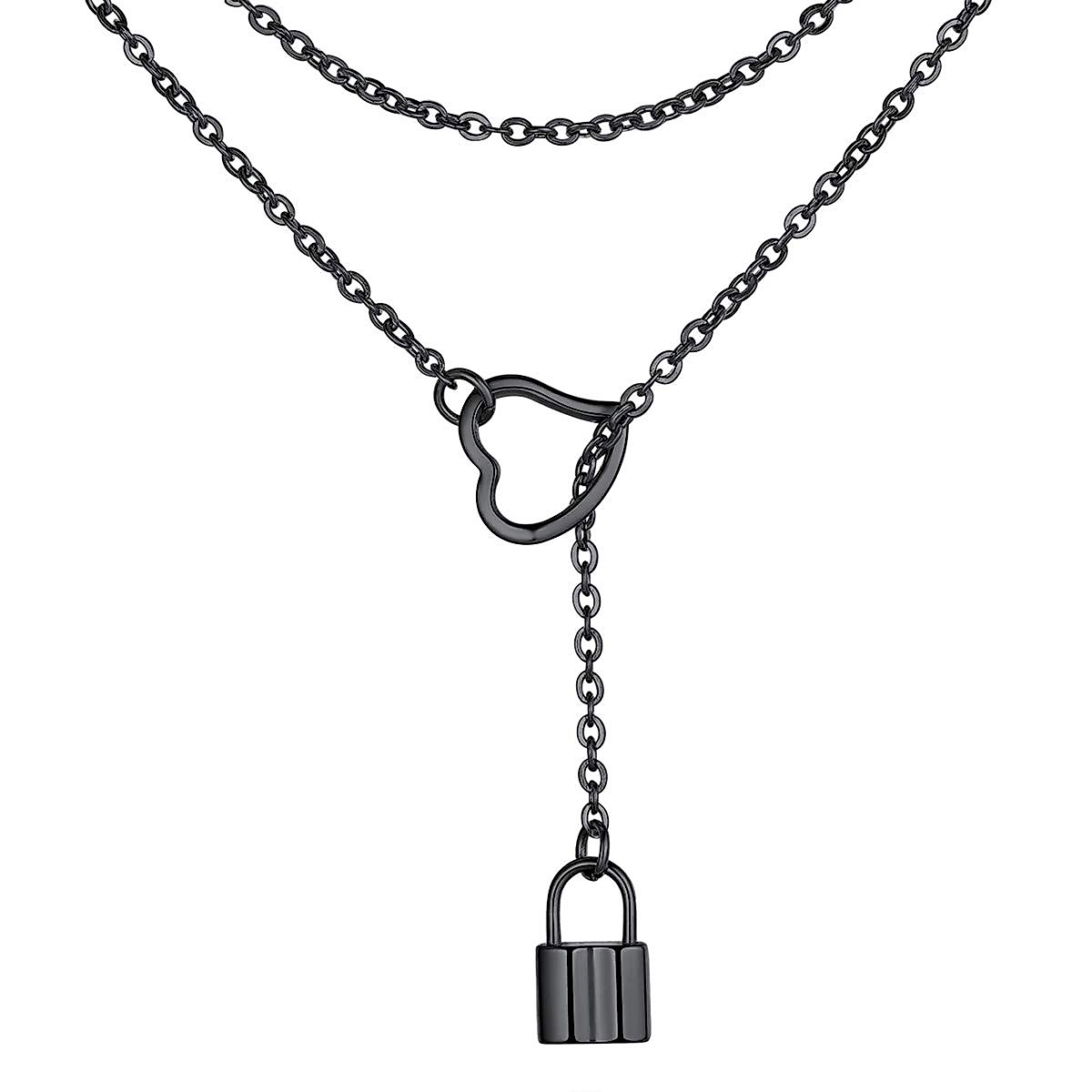FOCALOOK Black Long Necklaces for Women Y Shaped Lariat Chain Drop Lock Pendant Necklace
