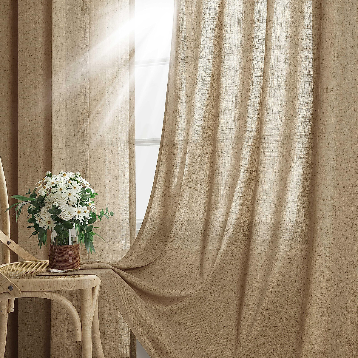 Tan Brown 102 Inch Linen Curtains 2 Panels Set Grommet Light Filter Burlap Linen Drapes Boho Farmhouse Semi Sheer Window Curtain 102 Inches Length for Hallway Nursery Living Room Sliding Patio Door