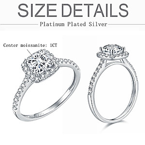 Blocaci Halo Cushion Cut Engagement Rings for Women White Gold 1 Carat Center Moissanite Engagement Rings Platinum Plated Silver Wedding Anniversary Promise Rings for Women(size 7)