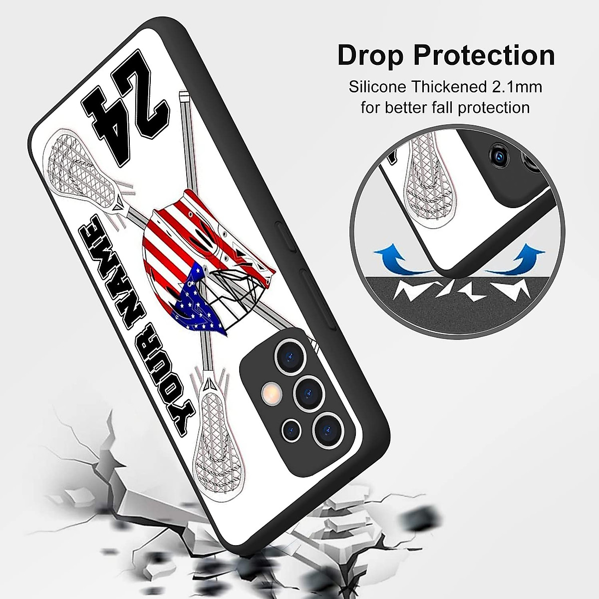 Personalized Lacrosse Helmet America Flag Design Name Number Rubber Cover Phone Case for Samsung Galaxy A15/A25/A14/A54/A53/A03S/A02S/A10E/A12/A13/A32/A33/A42/A51/A52/A71 Custom Lacrosse Phone Case