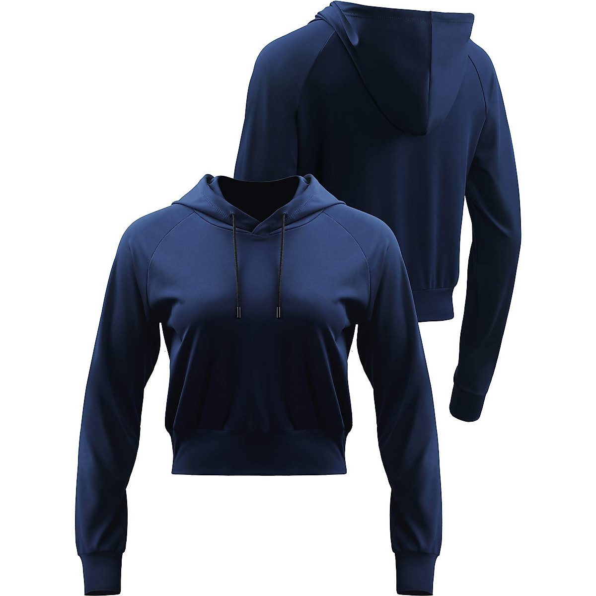 CADMUS Women's Workout Long Sleeve Shirts with Hoodie Sweatshirt Running Crop Top 2 Pack, Black, Navy Blue, Large