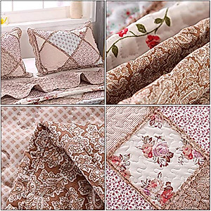 VIVILINEN Patchwork Quilt Set Full Queen Size 3-Piece Pink Floral Reversible Quilted Bedspread Coverlet Set Lightweight Stitched Comforter Bedding Set Bed Sheet Set Cover Blanket with 2 Pillow Shams