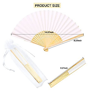 Merkaunis 100 Pcs Paper Hand Held Fans with Organza Bags Bamboo Folding Fan White Paper Handheld Fan for Wedding Party and Home Decoration Gift DIY Painting