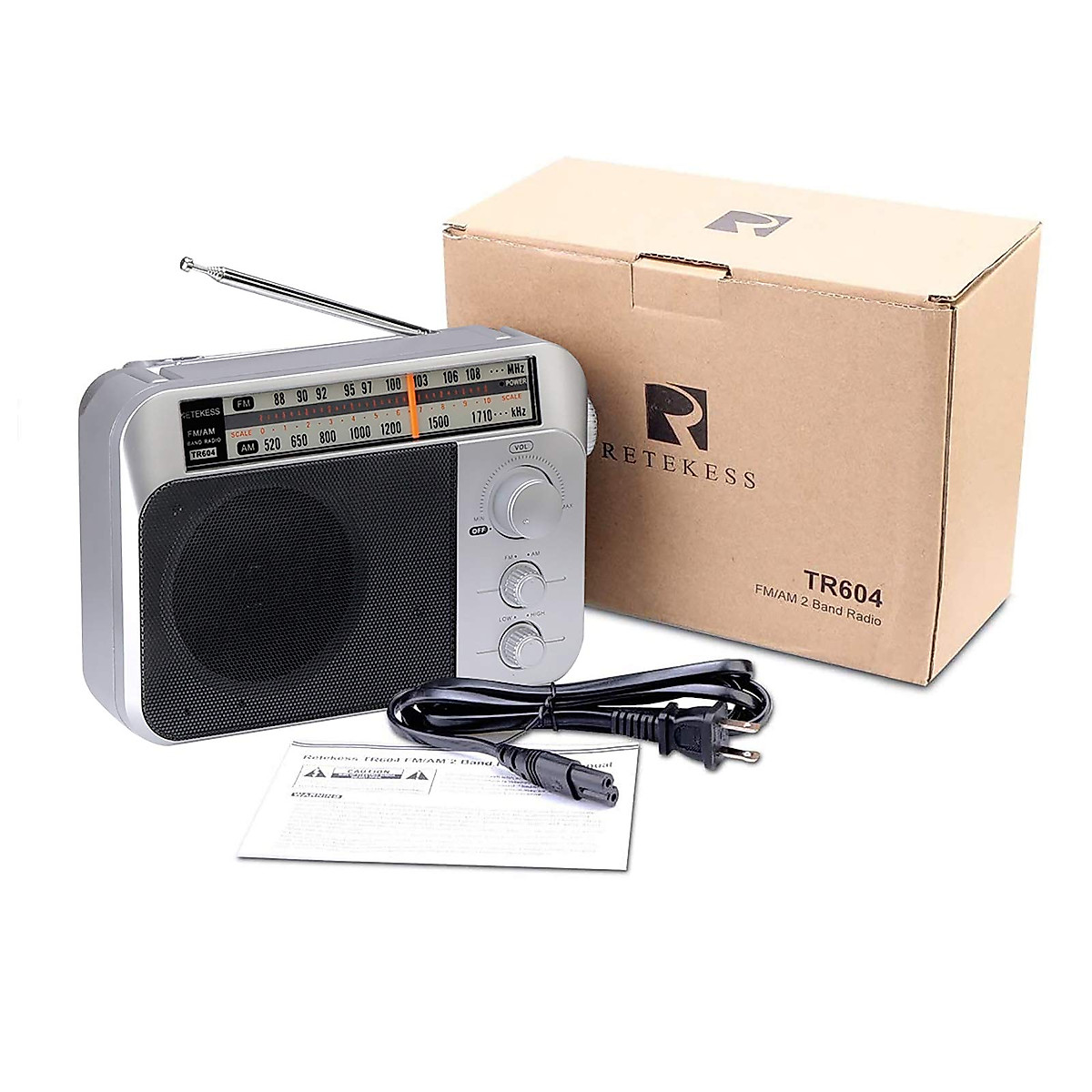 Retekess TR604 AM FM Radio Portable Transistor Analog Radio with 3.5mm Earphone Jack Battery Operated Boombox by 3 D Cell Batteries or AC Power (Silver, AM FM)