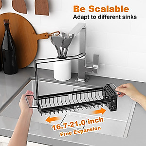 Sponge Holder for Kitchen Sink Telescopic Sink Storage Rack, Expandable for Sponge Brush Soap Dish Cloth Rag 16.7" to 21.3"(201 Stainless Steel) (201Black)