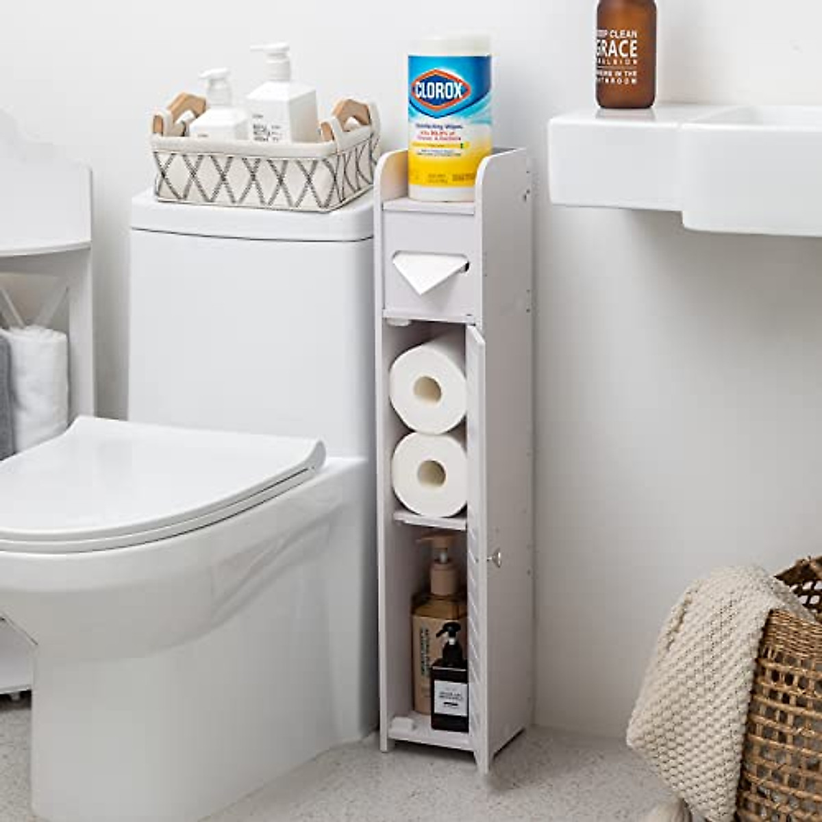 AOJEZOR Bathroom Storage Cabinet,Small Bathroom Storage Cabinet Set of 2 White-Bamboo Narrow Bathroom Cabinet Waterproof Great for Small Spaces,Slim Bathroom Storage Fit for Toilet Paper Storage