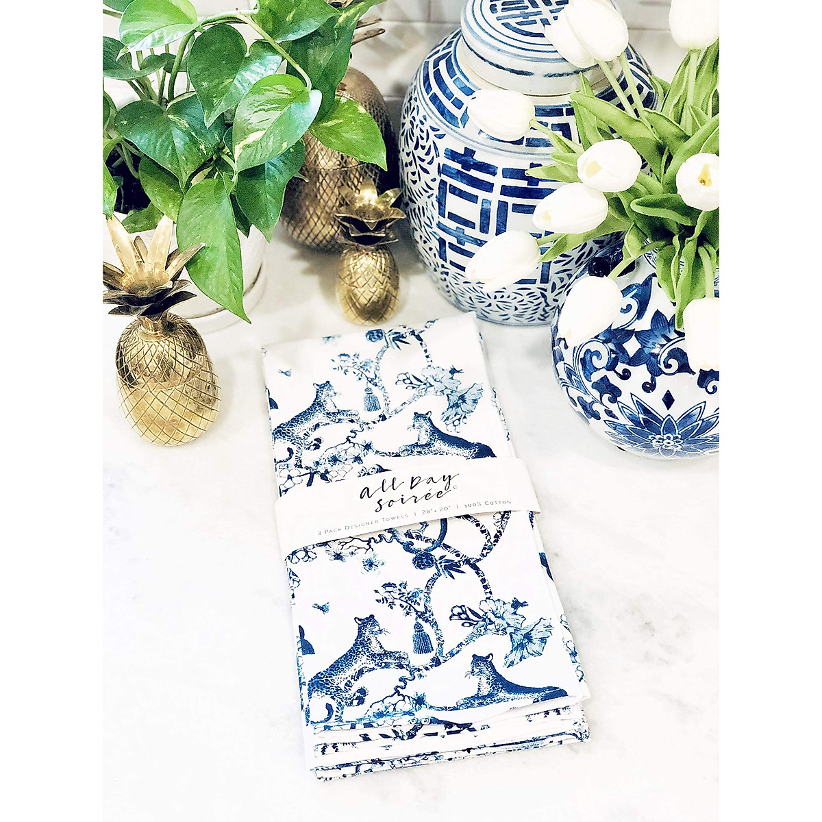 All Day Soirée Chinoiserie Designer Kitchen Tea Towels 3 Pack 100% Absorbent Cotton Tiger Monkey Floral Hand Towel Large Dish Cloth Set Blue White