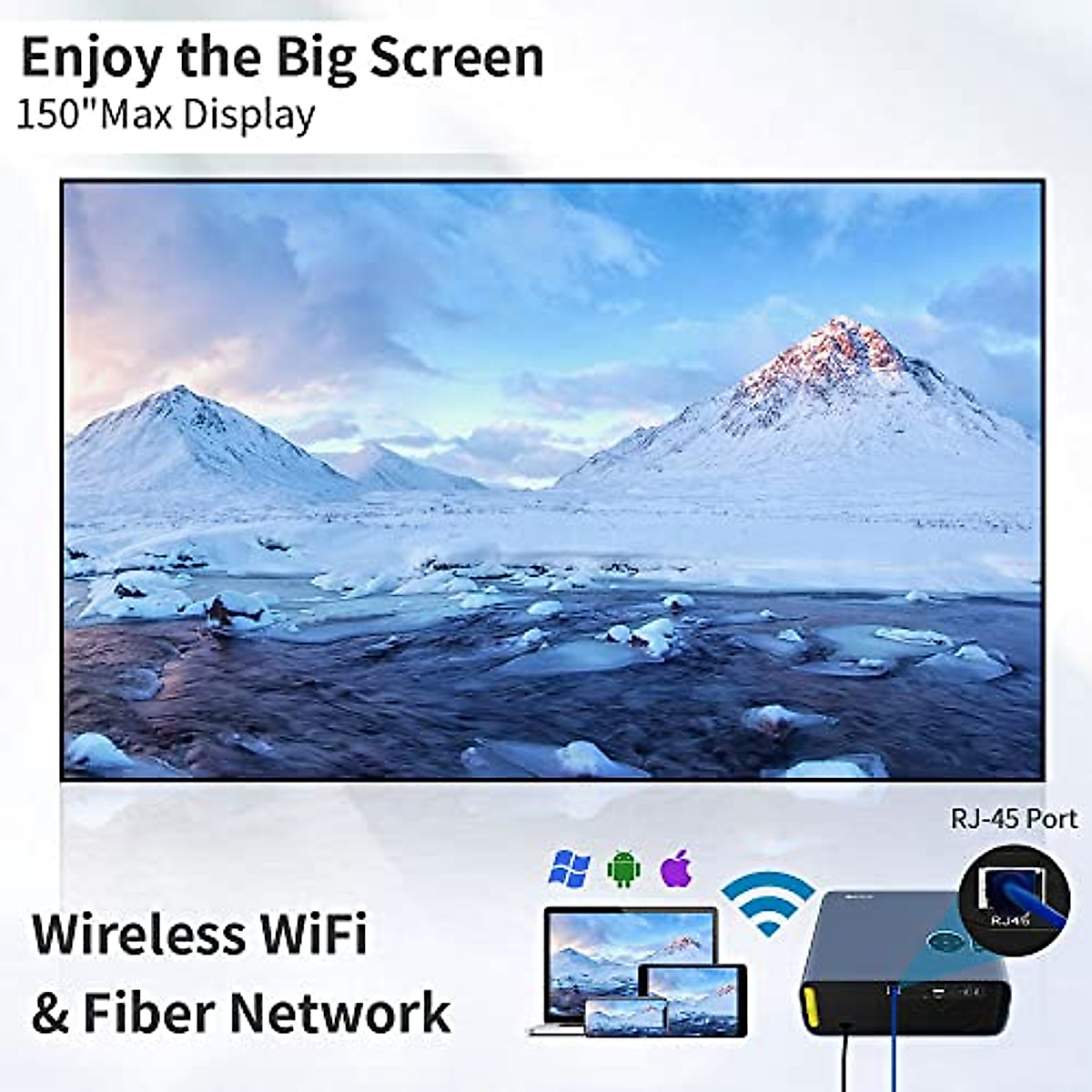 Smart Projector with WiFi & Bluetooth, 1080P Native Wireless Home Theater Projector with Android 9.0 & Touch Panel, Indoor Outdoor Movie Projector Airplay/HDMI/USB/RJ45 for Phone Laptop TV Stick DVD