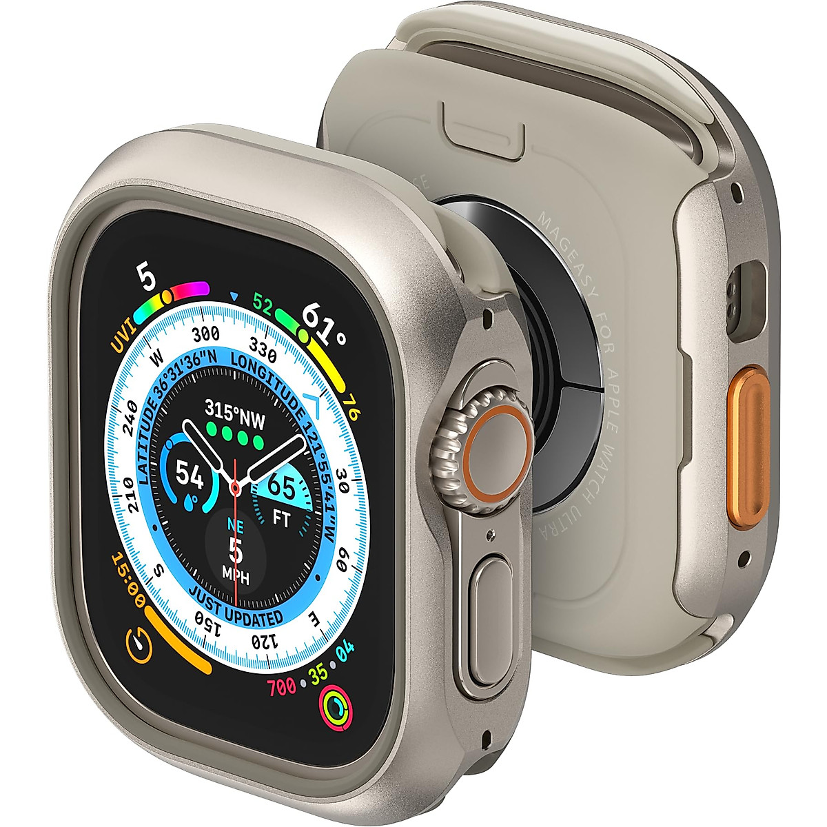 MAGEASY Aircraft-Grade Aluminum Rugged Case for Apple Watch Ultra 2, Apple Watch Ultra 49mm | 2 in 1 Metal Hard Shell with Shockproof Inner Bumper for Max Protection, Odyssey - Titanium