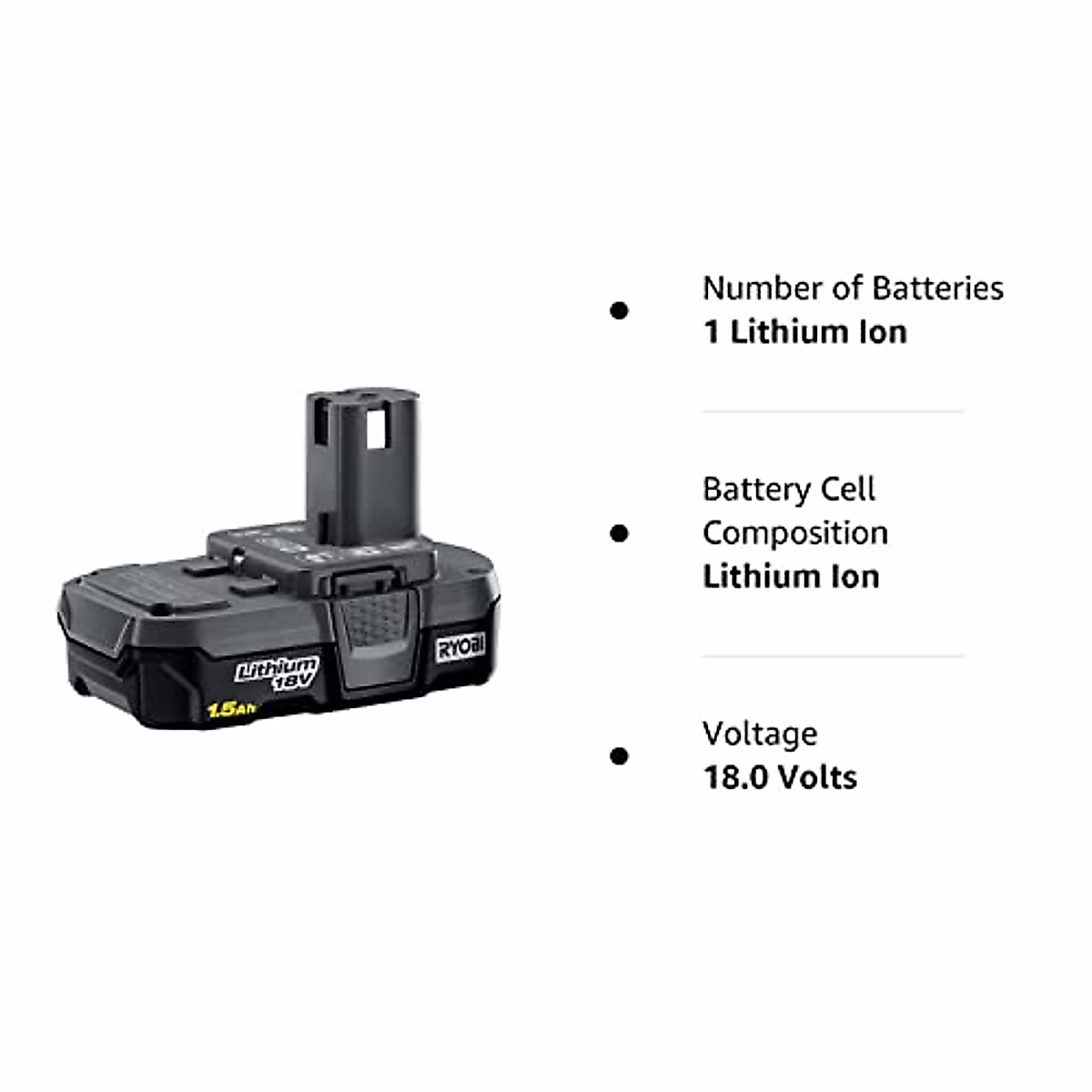 Ryobi P189 18 Volt 1.5 Ah One+ Lithium-Ion Cordless Compact Rechargeable Quick-Release Battery