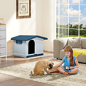 YITAHOME 34.6'' Large Plastic Dog House with Liftable Roof, Indoor Outdoor Doghouse Puppy Shelter with Detachable base and Adjustable Bar Window Water Resistant Easy Assembly (34.6''L*29.1''W*24.2''H)