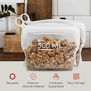Reli. Reusable Silicone Bags (2 Pack) | Snack (500 ml), Clear | Silicone Bags for Food Storage | Small Reusable Food Storage for Meal Prep, Lunch Boxes | Leak-Proof, Dishwasher/Freezer Safe