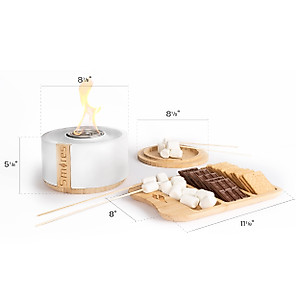 TerraFlame Portable Indoor and Outdoor Smoke Free Clean Burning Gel Fuel S'mores Roaster Tabletop Gift Set with Bamboo Tray - White