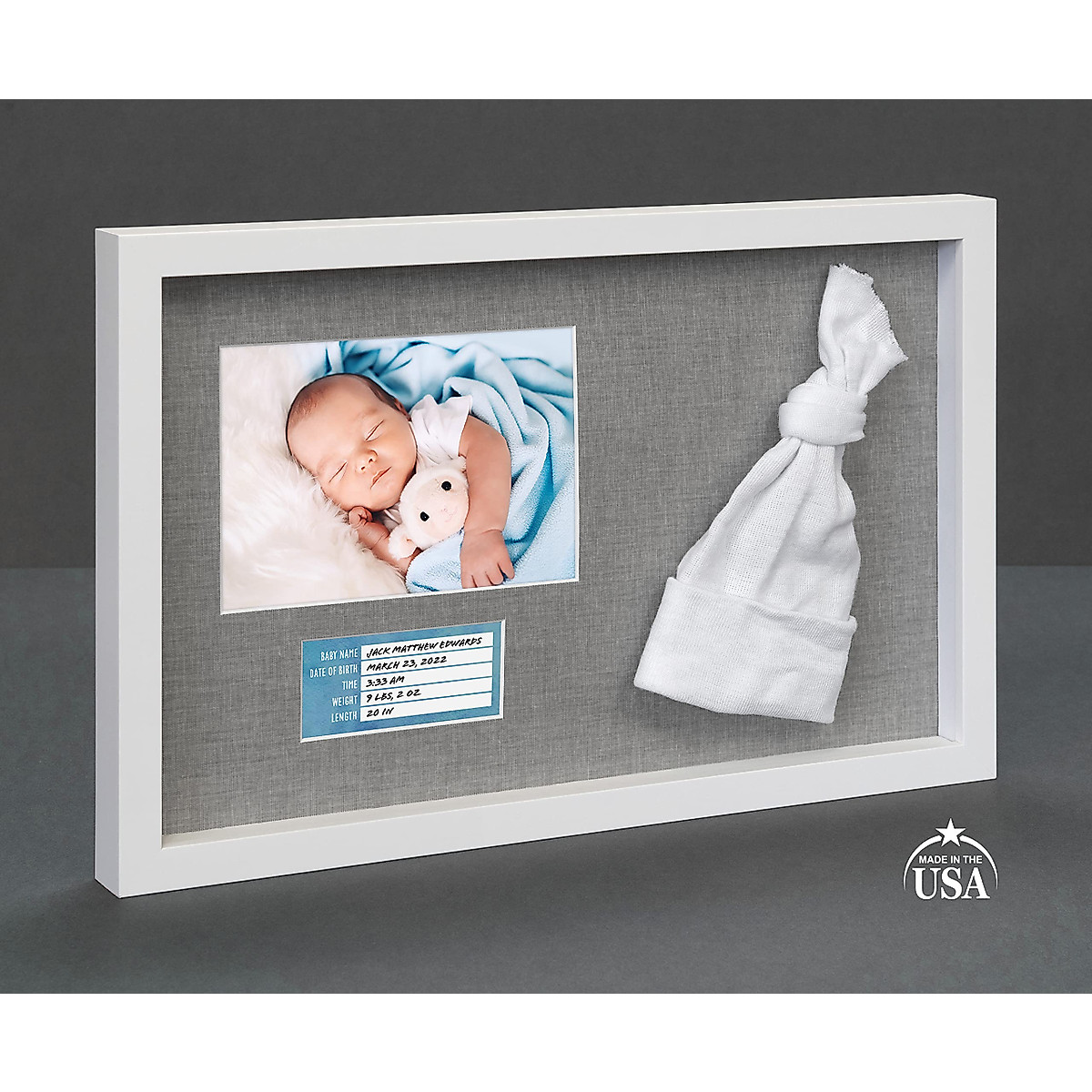 Baby Shadow Box Display Frame for Photo, Printed Graphic Info Insert & Magnet Mounted Keepsakes (Gray Linen Mat, Blank Graphic Info Insert)