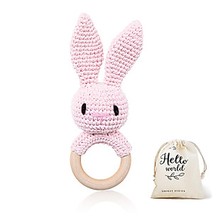 WOODEN TEETHER Crochet Baby Rattle, Crochet Baby Toys, Organic Wooden Newborn Toys, Newborn Animal Rattle Toys，Knitted Stuffed Animals Gifts for Baby, Pink Bunny