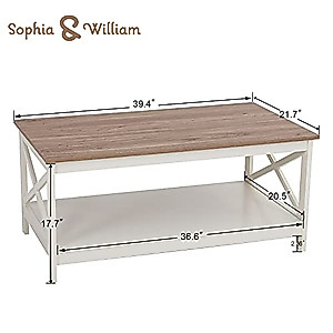 Sophia & William Coffee Table Farmhouse Cocktail Table with Storage Shelf, Wood Look Accent Furniture for Living Room, Ivory