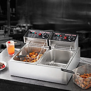 Commercial Electric Deep Fryer, AGKTER, Dual Tank Stainless Steel Deep Fryer with Basket & Lid, Over-Temperature Protection, Ideal for Restaurant and Home Use - 10.5qt+10.5qt, 1500W+1500W, 110V